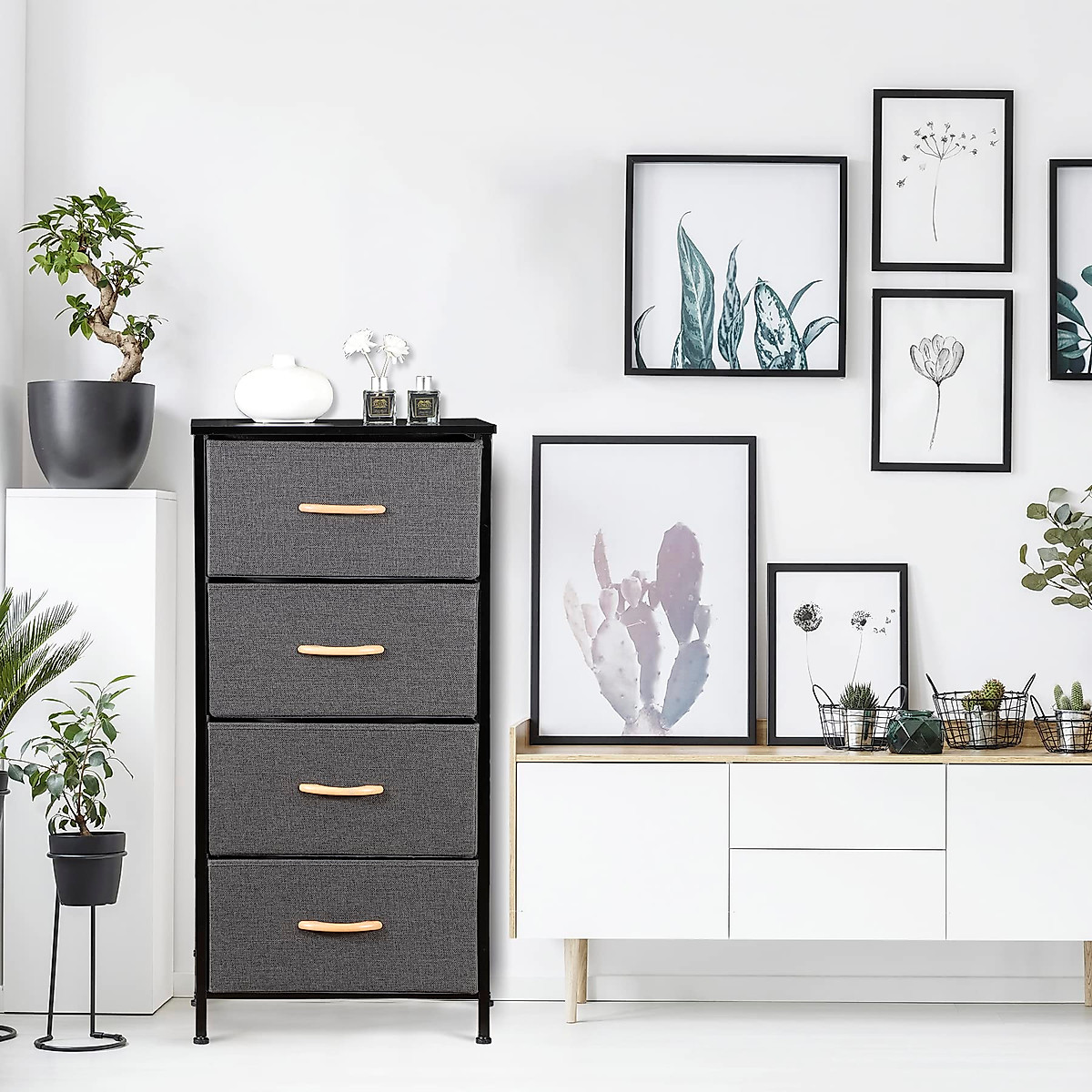 SUPER DEAL Dresser for Bedroom with 4 Storage Drawers, Fabric Chest of Drawers Storage Organizer with Wood Top and Metal Frame for Closet Living Room Hallway Entryway, 36 inch Tall Grey