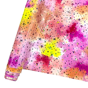 HYANG Holographic Rainbow Smudges Stars PU Faux Leather 1 Roll 12"X53"(30cmX135cm), Faux Leather Very Suitable for Crafts Making Leather Earrings, Bows, Handbag ，Sewing (Type 2)