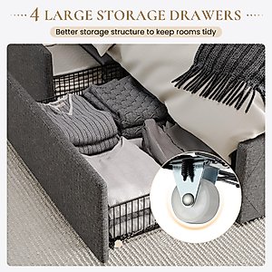SHA CERLIN King Size Platform Bed Frame with 4 Storage Drawers and Wingback Headboard, Diamond Stitched Button Tufted Design, No Box Spring Needed, Light Grey