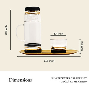 Agayah Water Carafe with Glass Cup for Nightstand and Gold Tray, Bedside Water Carafe and Glass Set. Water Carafe 32 OZ, glass cup 7 OZ (UK based)