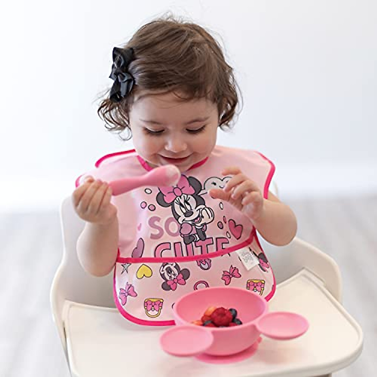 Bumkins Disney Bibs for Girl or Boy, SuperBib Baby and Toddler for 6-24 Months, Essential Must Have for Eating, Feeding, Baby Led Weaning, Mess Saving Waterproof Soft Fabric, 2-pk Minnie Mouse