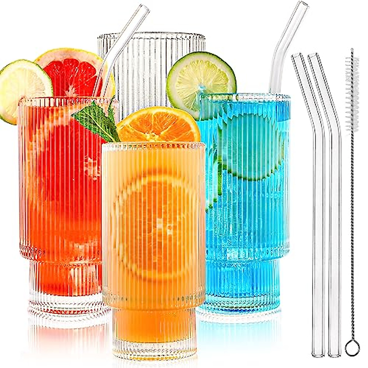 Aofmee Ribbed Drinking Glasses, Ribbed Glass Cups 12 oz, Ribbed Glassware Set of 4, Tall Glasses for Drinks Iced Tea Latte Smoothie Juice, Stackable Dinner Glass with Straw, Fluted Glassware