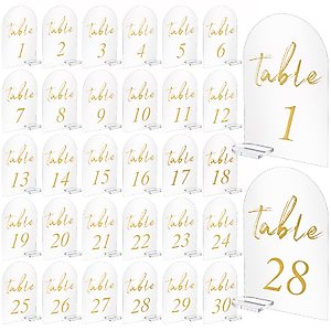 30 Sets Arch Acrylic Sign Gold Printed 1-30 Table Signs with Stands Calligraphy Clear Table Number Display Stand for Wedding Reception Event Party Restaurant Centerpieces Decor (4 x 6 Inch)