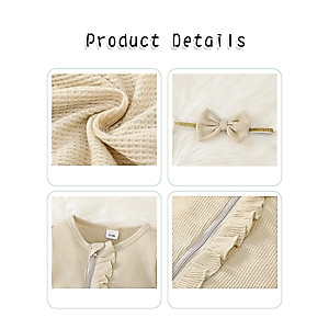 Mikrdoo 3-6 Month Baby Girl Clothes One-sies Sleeper Fall Winter Outfits Long Sleeve Little Girls' Clothing One-Piece Zipper Romper Infant Clothe Set with Headband for 3-6M Baby Apricot