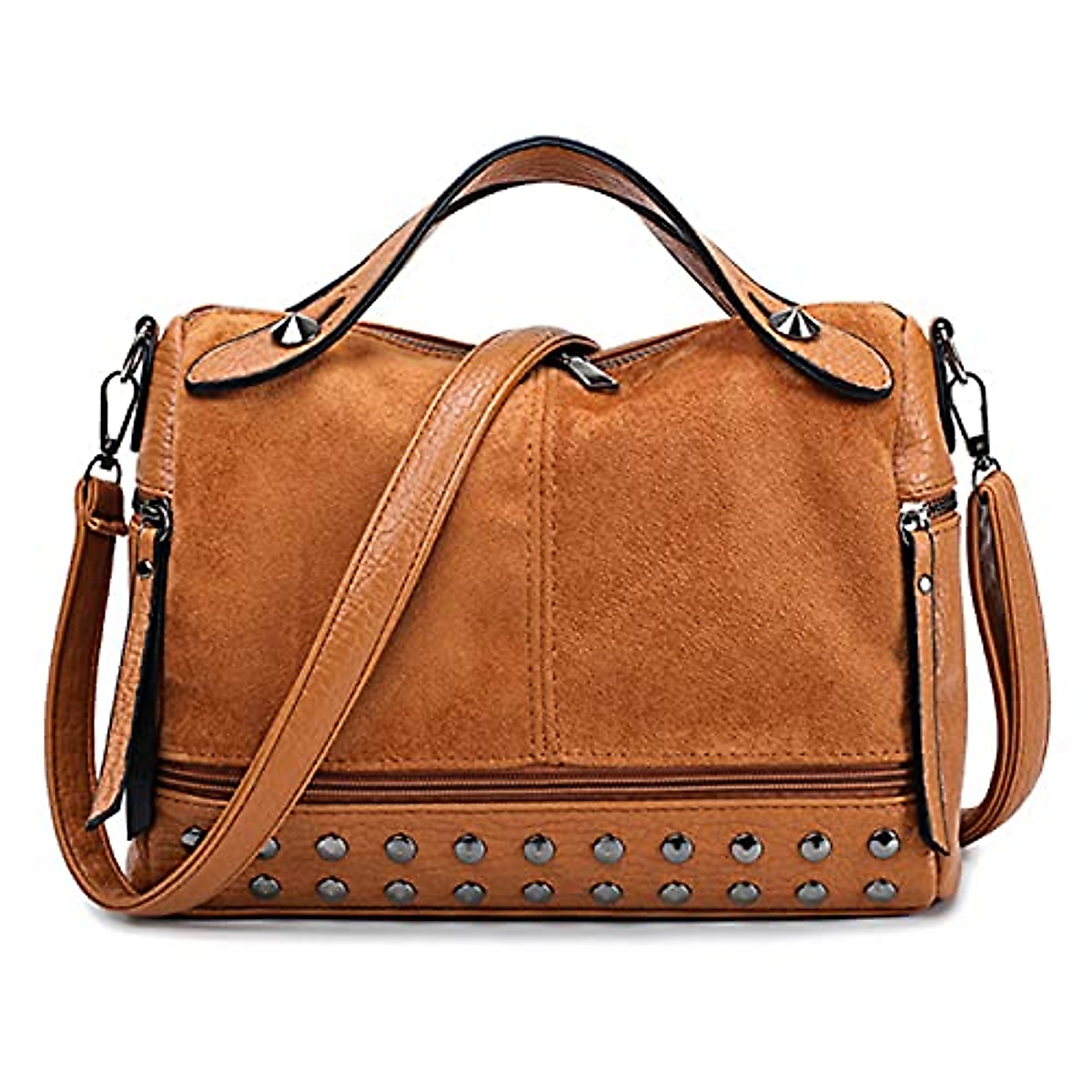 HANDAFA Ladies Boston Tote Handbag Studded Hobo Purse For Women Rivet Satchel Bag(Wheat)