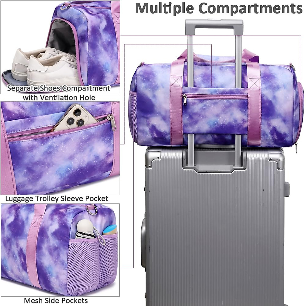 Gym Duffel Bag for Girls Weekender Overnight Bag with Wet Pocket Shoes Compartment Sports Dance Bag for Girls Teens Travel Duffle