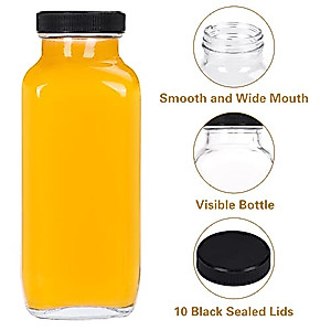 Moretoes 6 Pack 16oz Glass Juice Bottles with Lids Reusable Glass Square Beverages Drinking Jars with Tamper-proof Black Caps for Travel Milk Water Tea Honey Kombucha Smoothie Boba