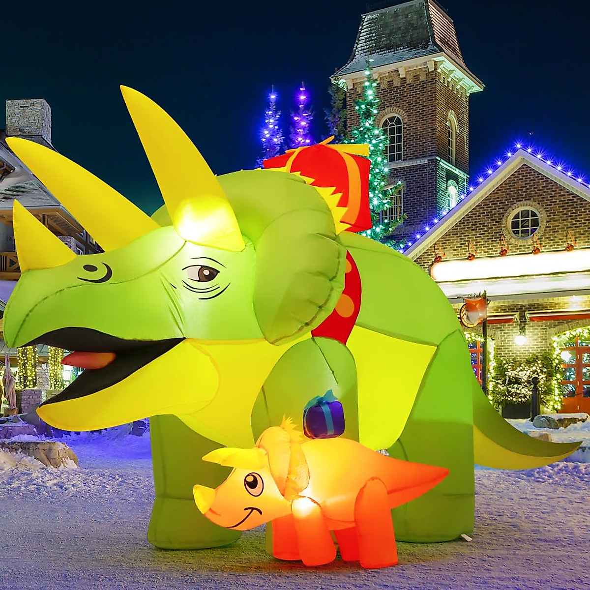 GOOSH 7.5 FT Length Christmas Inflatables Green Triceratops Dinosaur with Baby Dino, Blow Up Yard Decorations with Built-in LED Lights for Garden Lawn Outdoor Yard Xmas Winter Holiday
