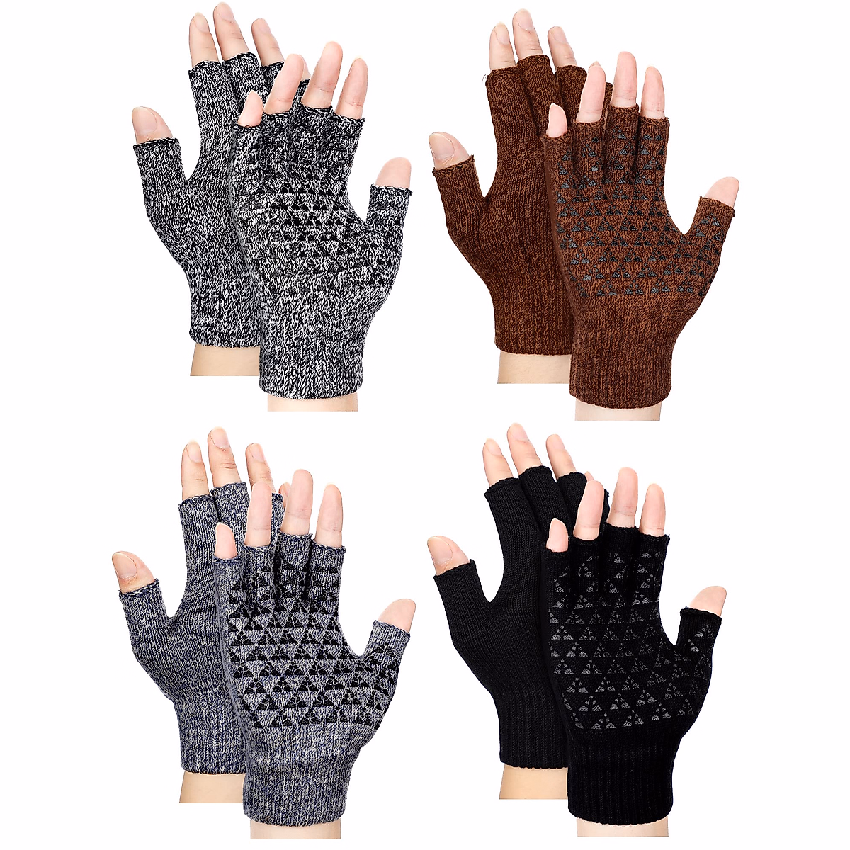 4 Pairs Unisex Winter Half Finger Knit Gloves Stretchy Non-Slip Winter Warm Knitted Fingerless Gloves (Black, Dark Gray, Gray, Brown)