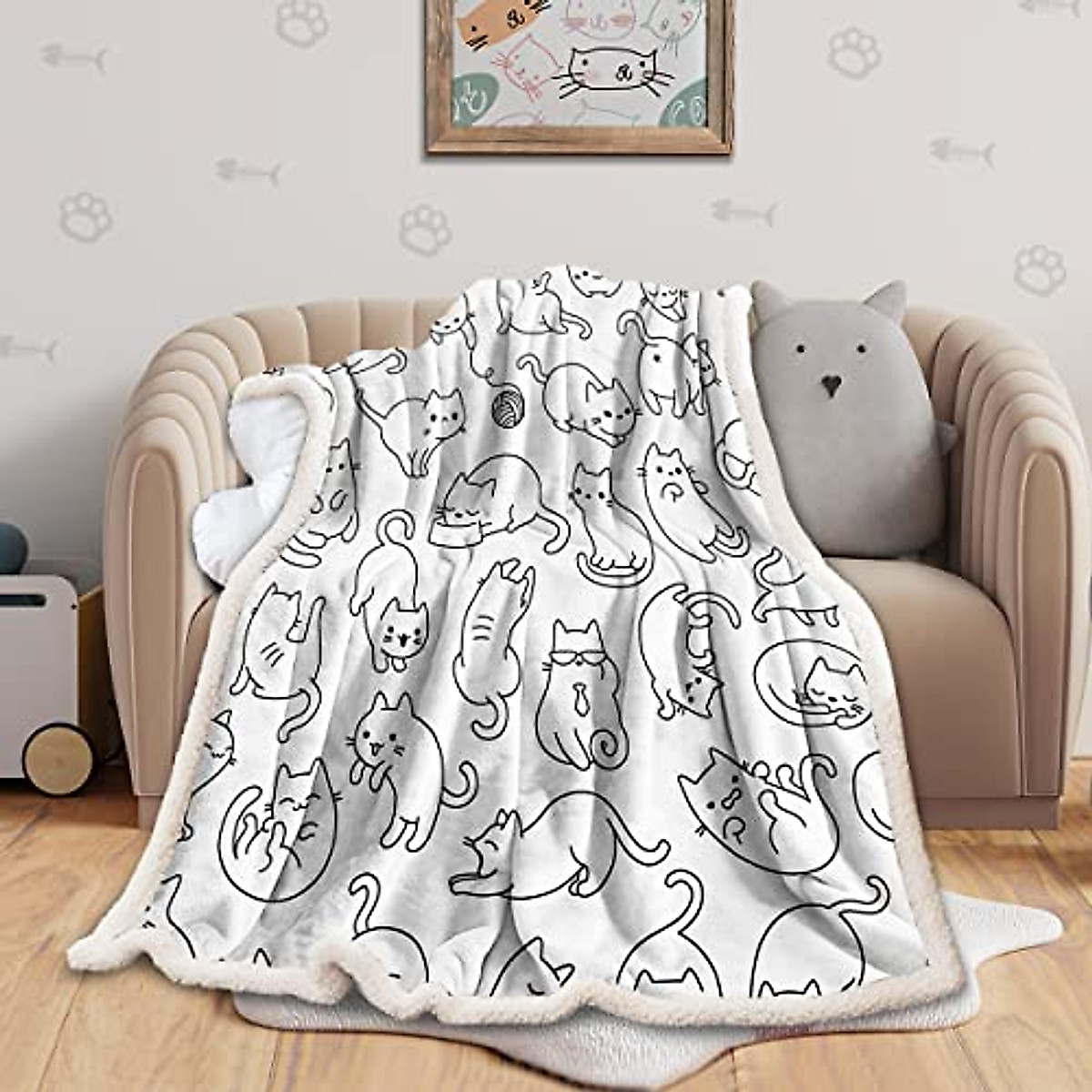 Sleepwish Cat Blankets for Cat Lovers Cute Cat Blanket for Girls Women Fleece Cat Sherpa Blanket Black and White Cat Print Blanket Fuzzy Cat Blanket Throw (50" X 60")
