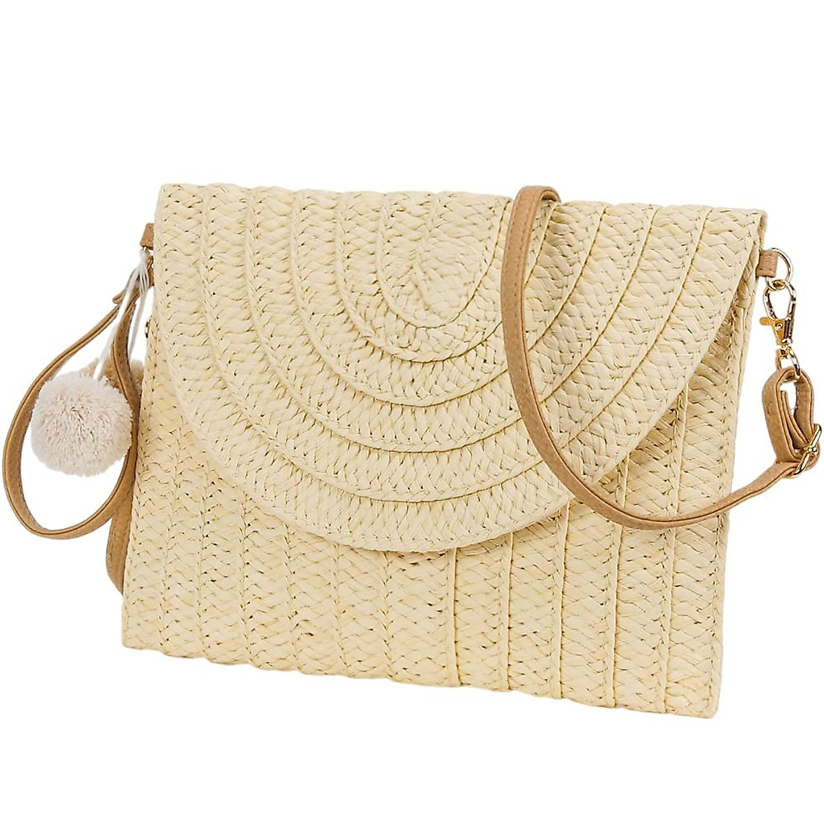 Straw Shoulder Bag Straw Clutch Straw Crossbody Bag Handmade Straw Beach Bag for Women Envelope Purse Wallet with Hand-woven Pompom (Creamy White)