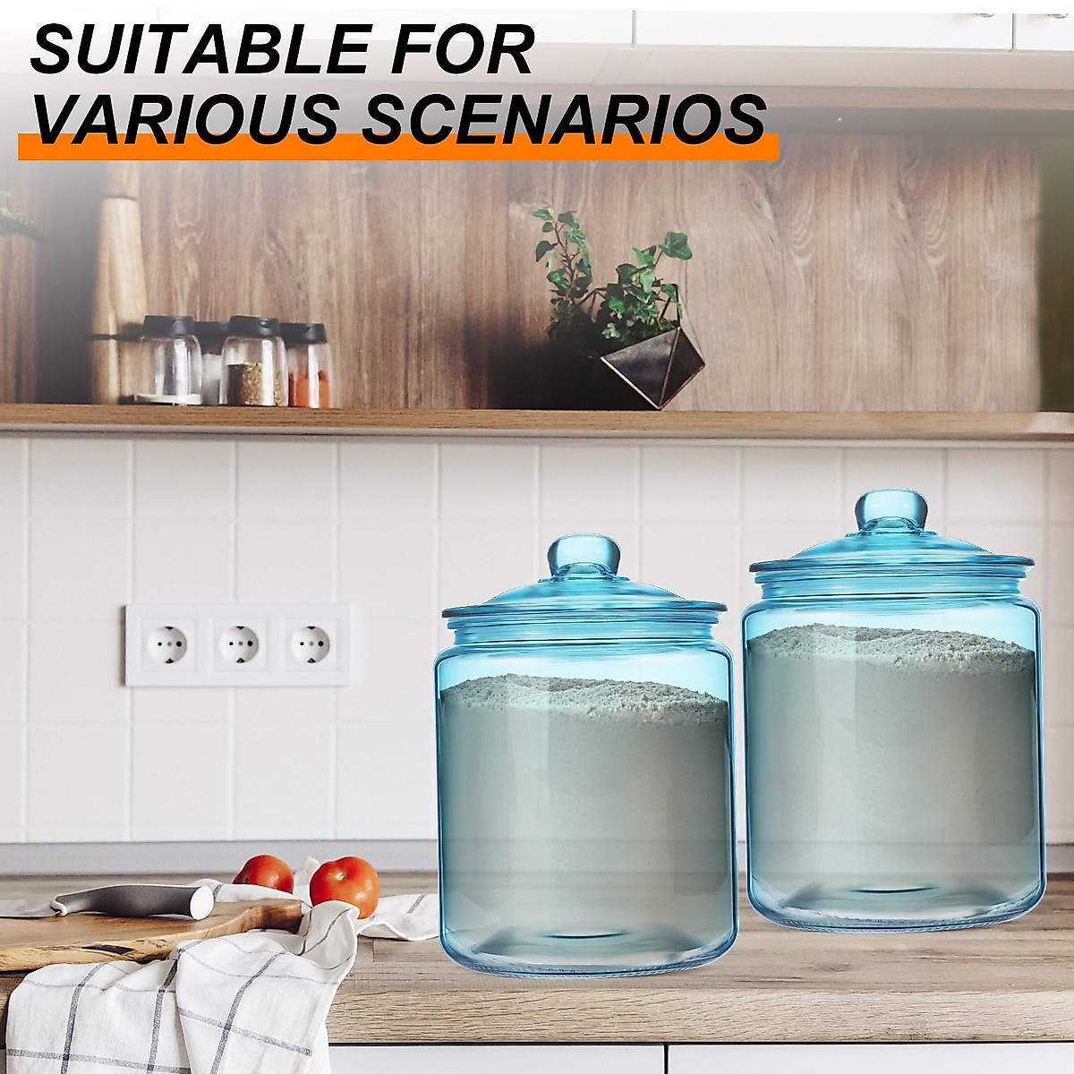 Tioncy 2 Pcs 1 Gallon Cookie Jar Glass Jars Apothecary Storage Glass Containers with Lids Large Clear Airtight Glass Canisters with Labels for Kitchen Laundry for Cookie Candy Sugar Flour (Blue)