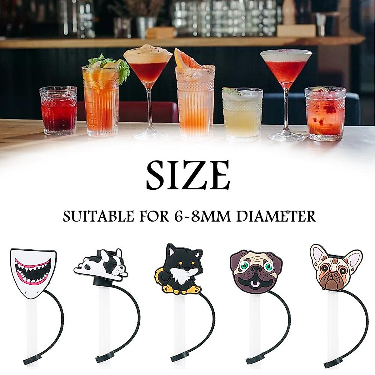 1 Piece Cute Drinking Straw Caps Cover for 6-8 mm Reusable Drinking Straw Tips Lids Dust-Proof Straw Plugs Dog Cat Shape Straw Protector