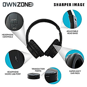 Sharper Image OWN ZONE Wireless Rechargeable TV Headphones- RF Connection, 2.4 GHz, Transmits Wirelessly up to 100ft, No Bluetooth Required, AUX, RCA, & Optical Cable Included (Black)