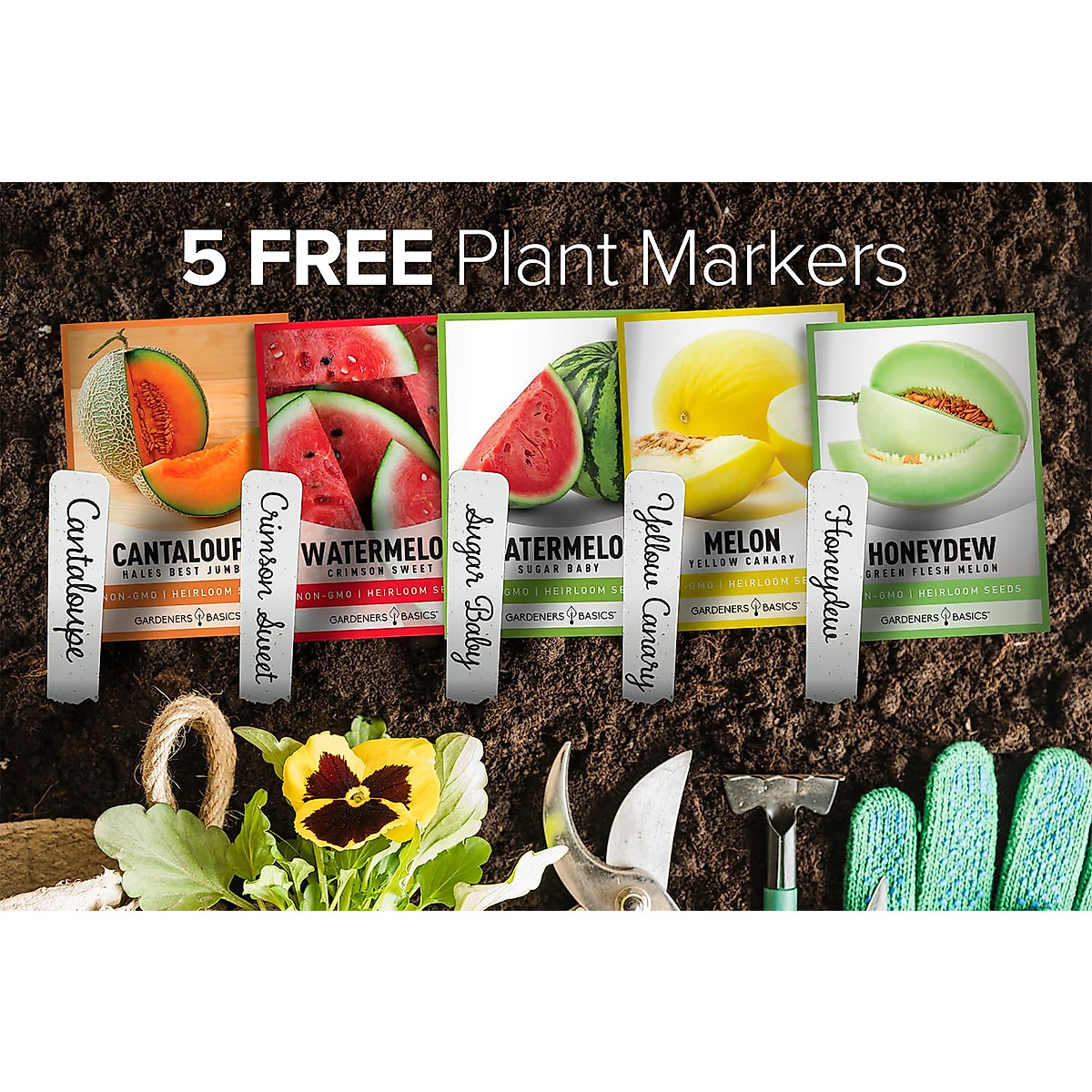 Melon Fruit Seeds For Planting Home Garden 5 Variety Packs - Hales Best Cantaloupe, Crimson Sweet Watermelon, Yellow Canary Melon, Green Flesh Honeydew Melon, Sugar Baby Watermelon by Gardeners Basics