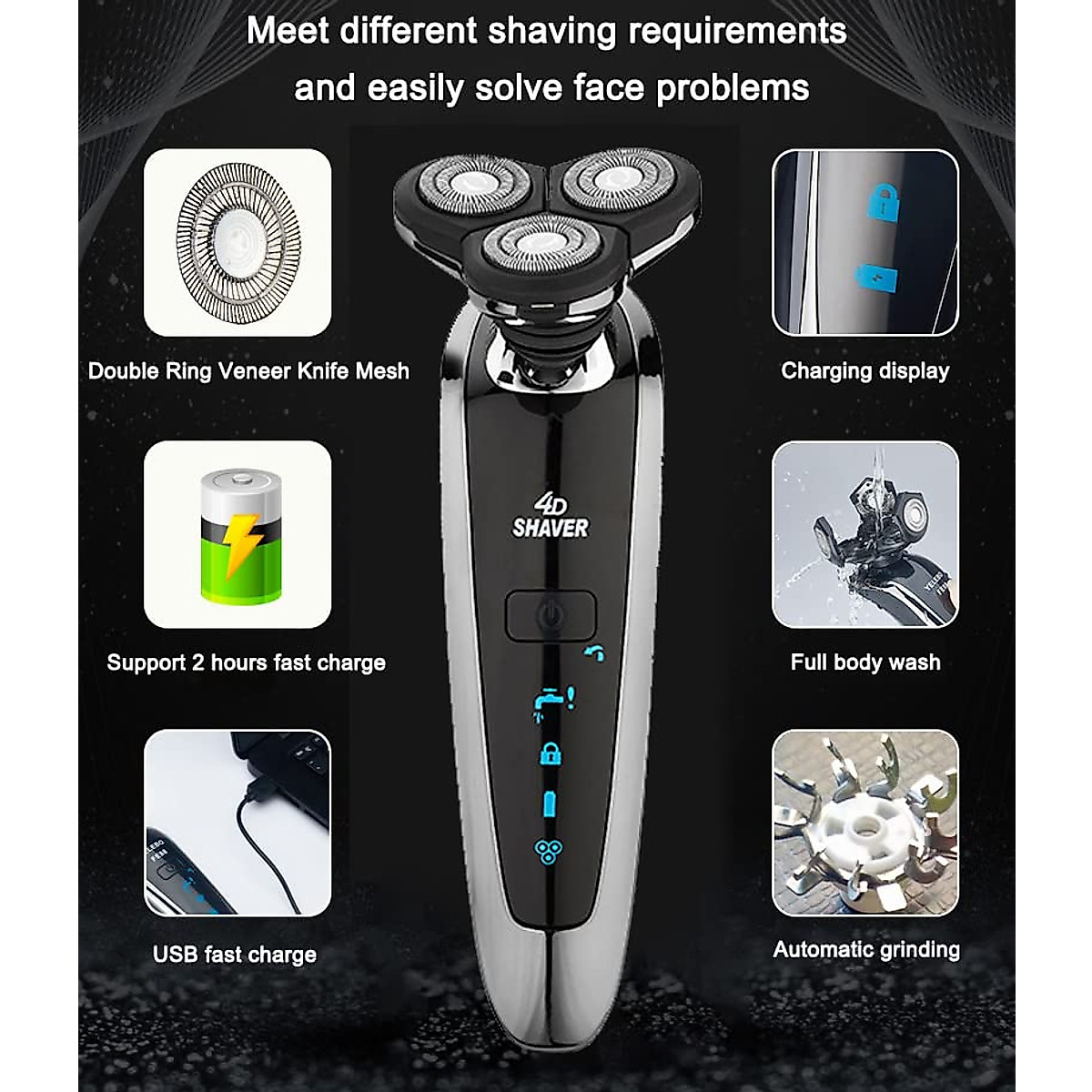 Electric Razor for Men, Wet Dry IPX7 Waterproof, 4 in 1 Rotary Shavers Beard Nose Mustache Trimmer Face Cleaning Brush