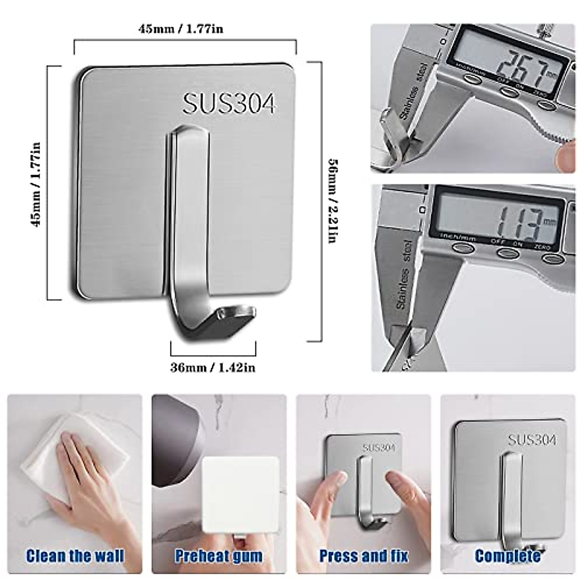 Adhesive Hooks,Waterproof 304 Stainless Steel Wall Hooks for Hanging Key,Coat,Towel,Kitchen,Bathroom Metal Adhesive Hanger Hooks Heavy Duty (2Pack, Silver)