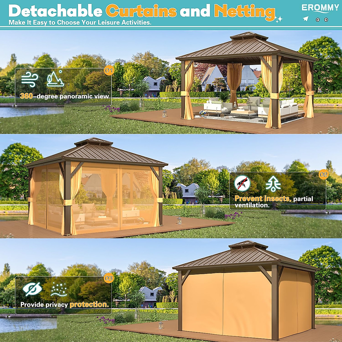 EROMMY Hardtop Gazebo 12' x 12', Galvanized Steel Double Roof Gazebo with Aluminum Frame, Permanent Outdoor Metal Pavilion with Curtain and Netting for Patio, Lawn and Garden