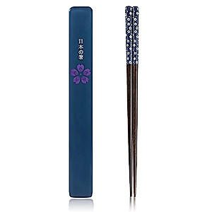 Top Grade Japanese Natural Wood Chopsticks, 1 Pair with Case, Reusable Classic Style, Value Gift Set(Blue)