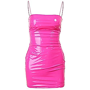 Gogobear Women's Pink PU Leather Spaghetti Strap Ruched Zipper Tight Cocktail Bodycon Mini Dress,M