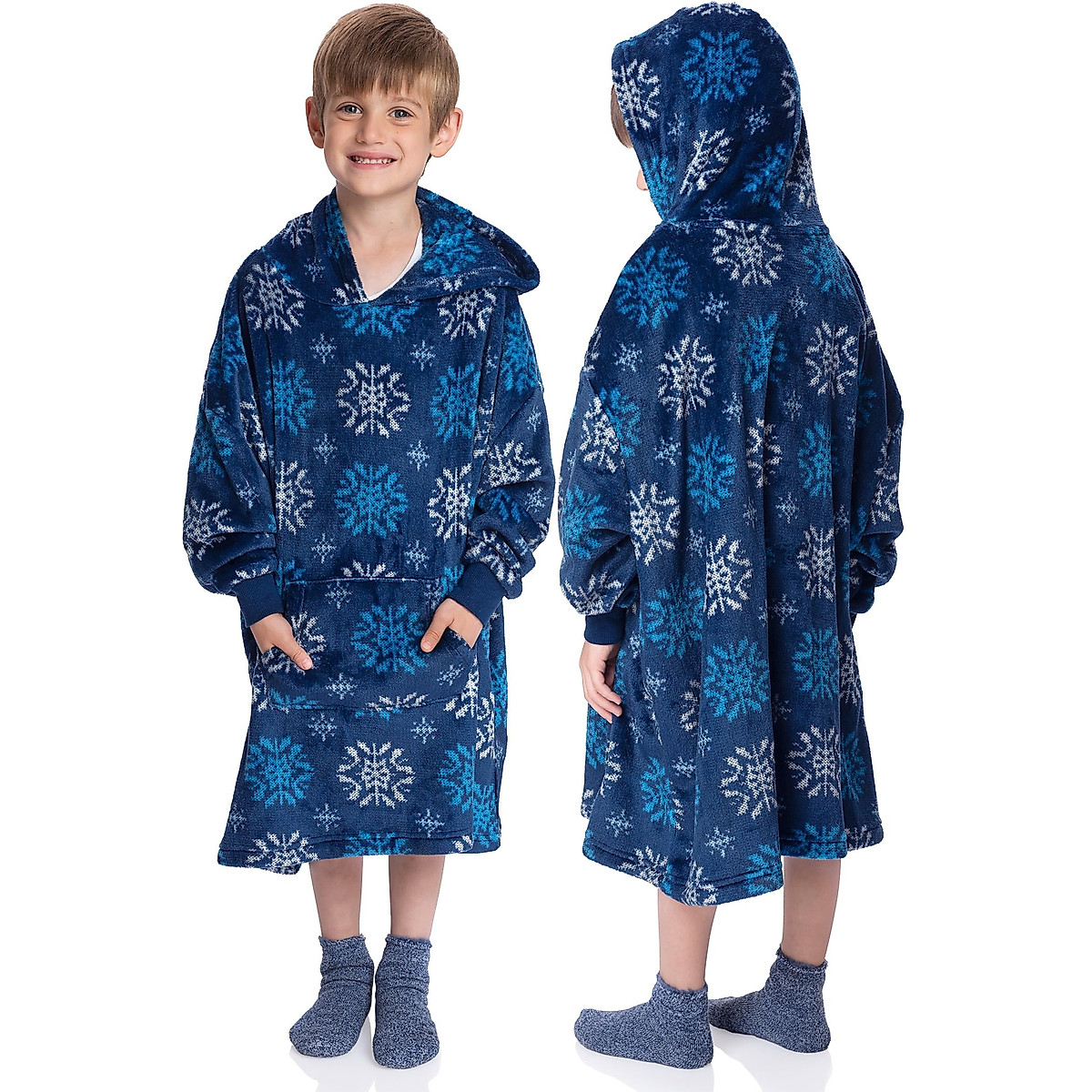 Mad Dog Wearable Fleece Blanket Hoodie, Christmas Matching Family Sets with Long Sleeves for Adults Girls & Boys Xmas Poncho, Kids, Blue Print, 8-13 Years