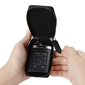 VISOUL Car Key Case, Italy Leather Car Smart Key Fob Zipper Case with Keychain and Metal Hook (A02-Black)