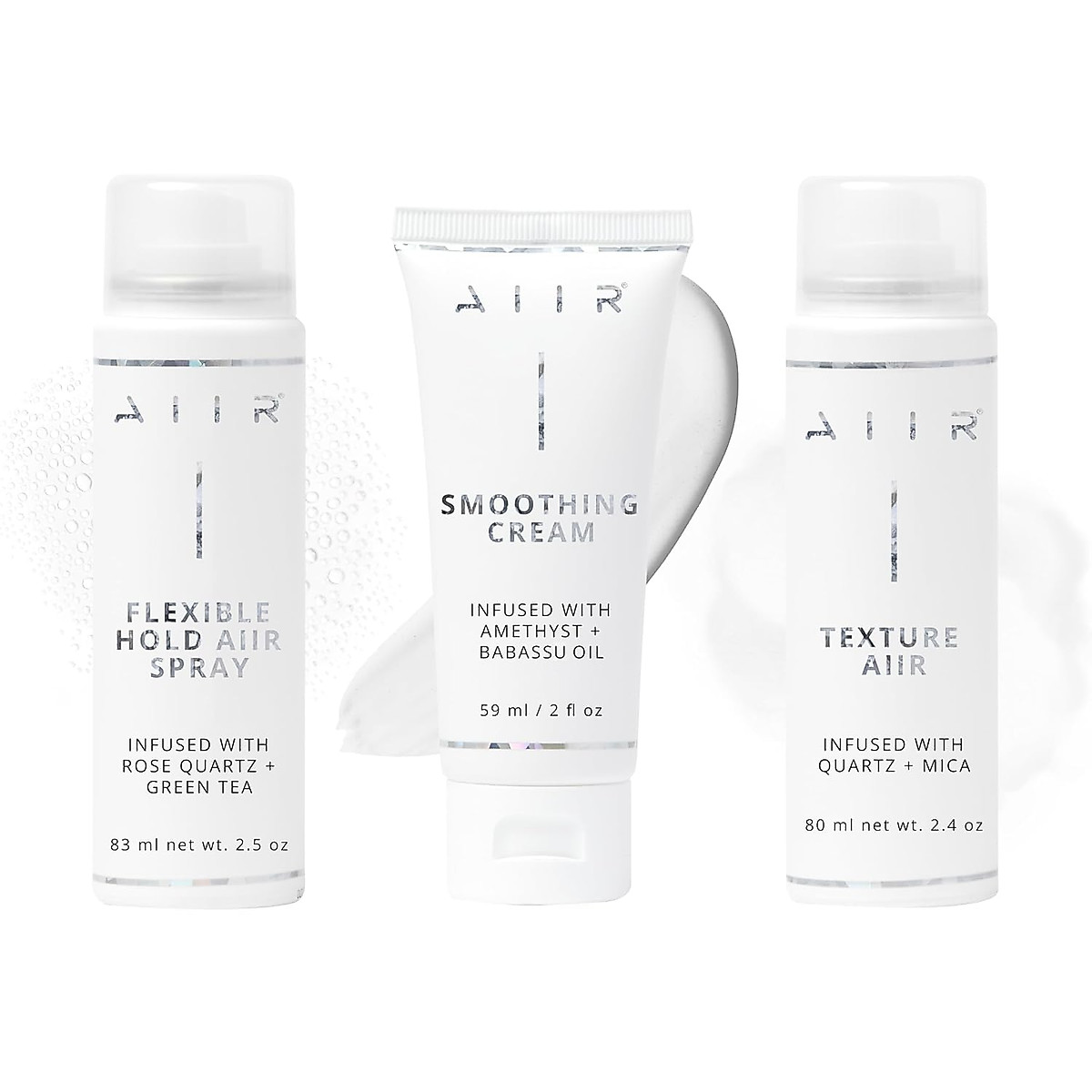 AIIR Professional Travel Size Haircare Bundle - Texture Spray, Smoothing Cream, Flexible Hold Hairspray & Travel Bag, Vegan Hair Care Infused with Crystals, Clean Beauty