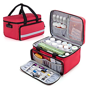 CURMIO Pill Bottle Organizer Bag with Lock, Medicine Organizer and Storage Case for Prescription Bottles, Empty First Aid Bag for Home and Travel, Red (Patented Design)