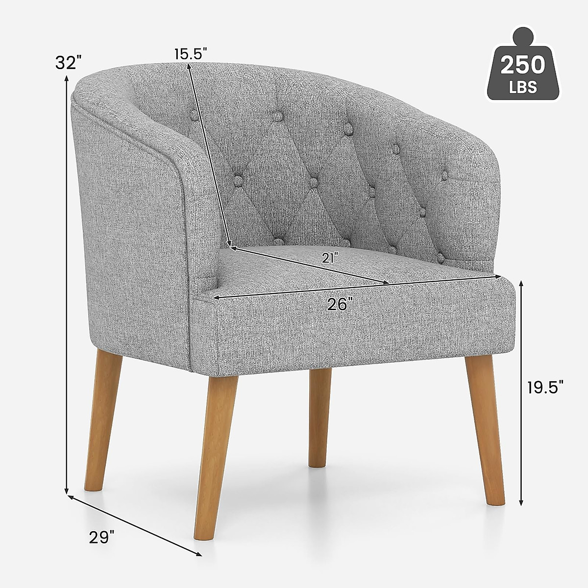 KOTEK Accent Chair Set of 2, Upholstered Comfy Club Chair with Solid Rubber Wood Legs, Mid Century Modern Chair W/Adjustable Foot Pads, Tufted Armchair for Living Room, Bedroom, Office