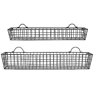 MyGift Country Rustic Wall Mounted Metal Wire Storage Basket Display Floating Shelves, 30 and 23-Inch Narrow Hanging Baskets, Set of 2