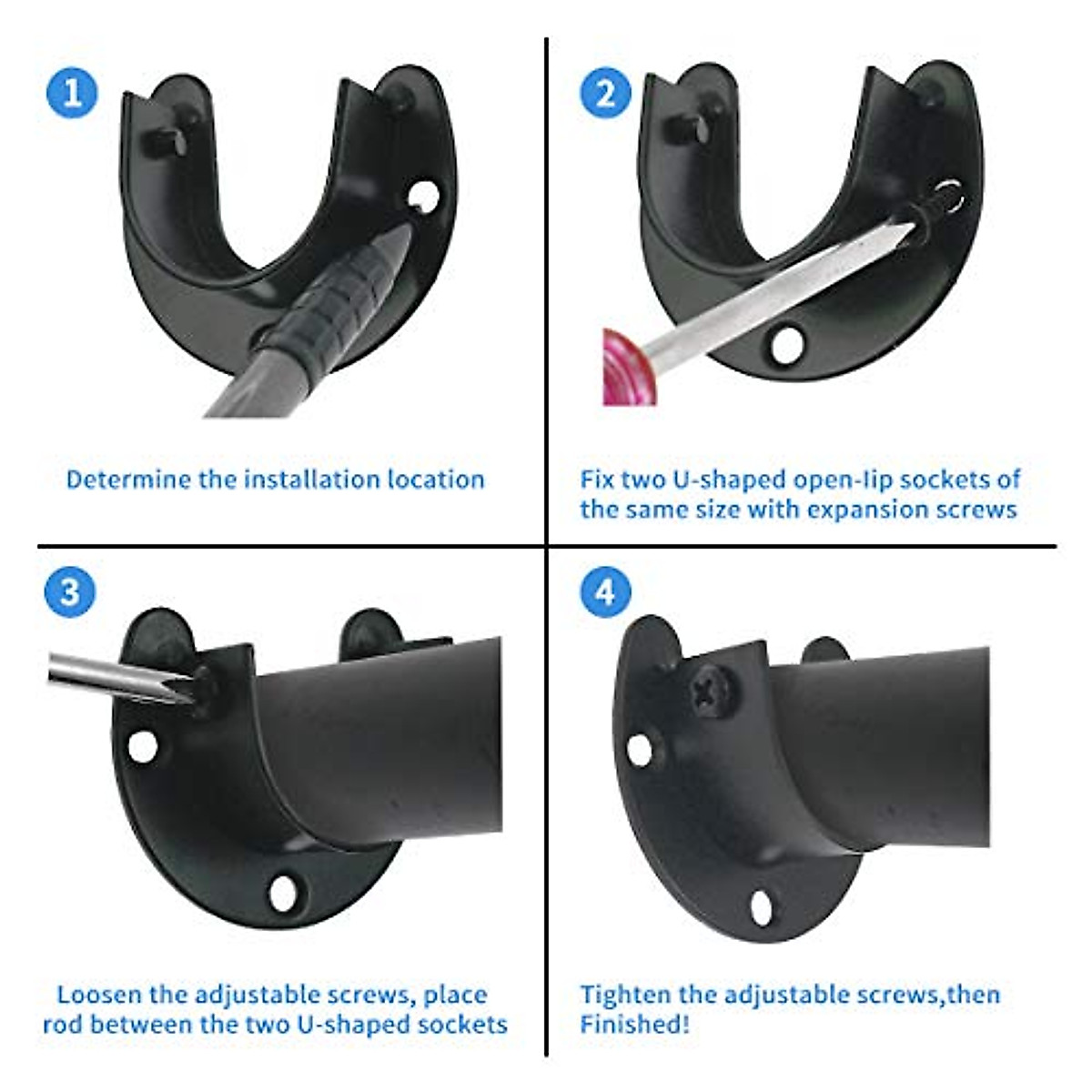 Seimneire 2pcs Heavy Duty Stainless Steel Rod Socket, Wardrobe Bracket Flange Rod Holder Closet Rod End Supports Fit 1-1/3" Diameter, U Shaped - Black