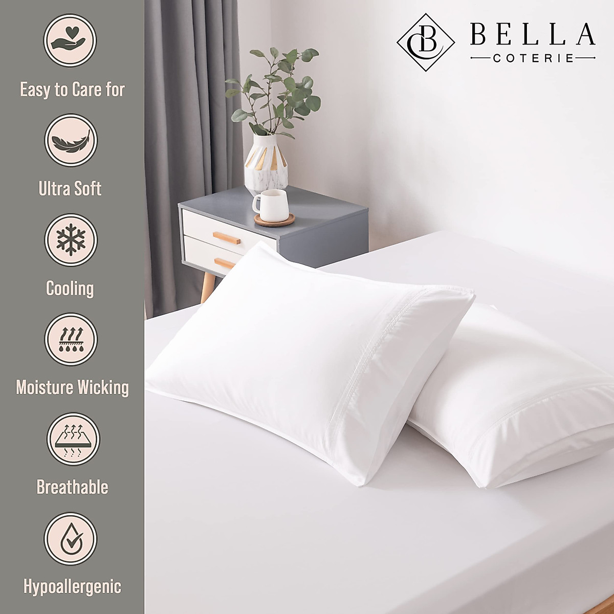 Bella Coterie | Luxury Standard Size Pillowcase Set | 100% Organically Grown Bamboo Viscose | Ultra Soft | Cooling | 2 Pcs [White]