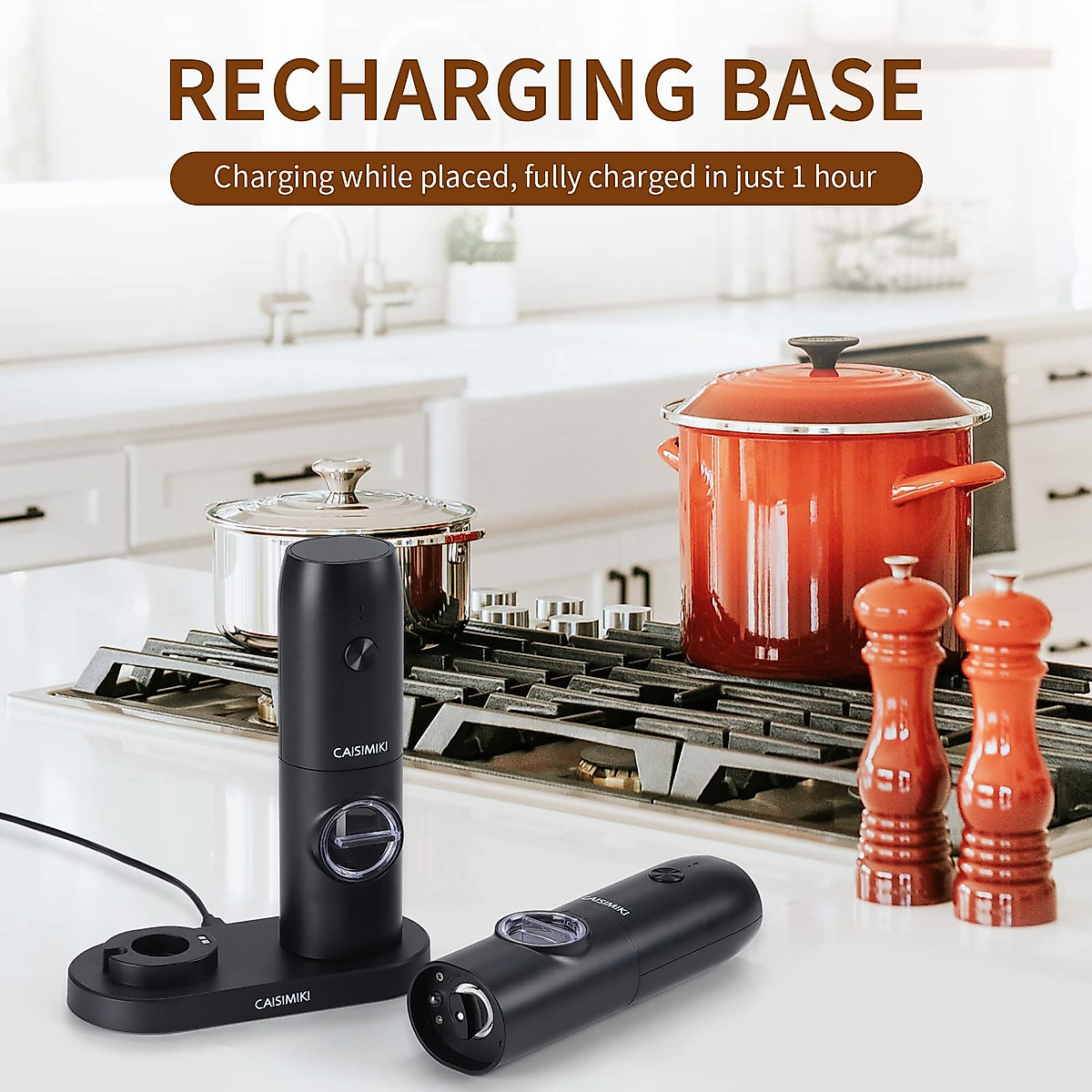CAISIMIKI Electric Salt and Pepper Grinder Set 2 Pack Rechargeable Pepper Mill Automatic Pepper Shaker One-Handed Operation Adjustable Coarseness with Dual Charging Base LED Light