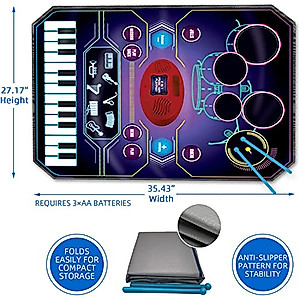 QShark 2 in 1 Kids Music Learning Toys for Boys Girls, Drum Set + Piano Mat | Record & Playback, Built-in Songs, 8 Instrument Sounds, 24 Keys, Christmas Birthday Gifts for Toddler 3 4 5 6 7 8 Years
