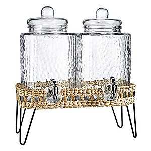 Double Ice Cold Clear Glass Hammered Beverage Drink Dispensers On Wicker Metal Stand 1.5 Gallon Each Mason Jug For Outdoor, Parties & Daily Use