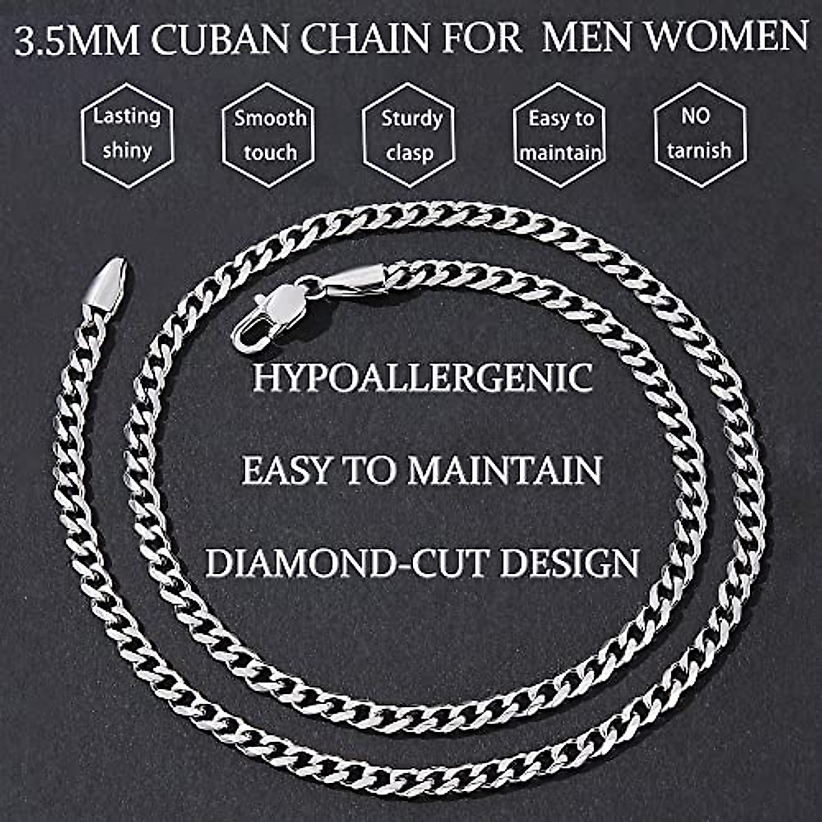Fiusem 3.5mm Silver Colored Chains, Silver Plated Cuban Link Necklace for Men and Women, Stainless Steel 20 Inch
