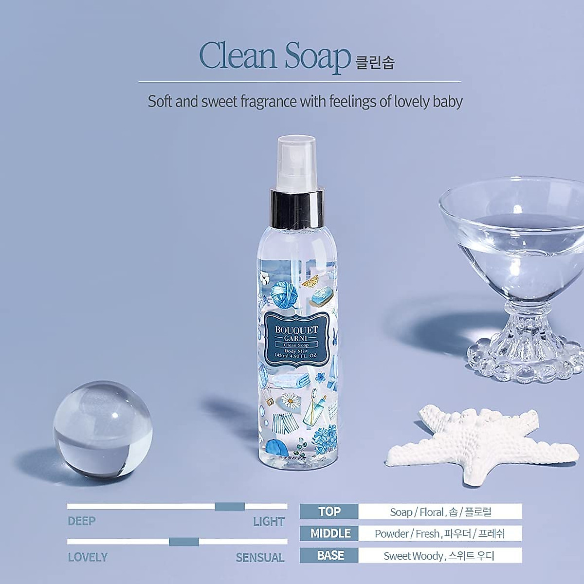 Bouquet Garni Hair & Body Mist Clean Soap Fragrance - Long-lasting Moisture & Fragrance, Mist for Women, Low Irritation (Containing Vitamin E, Citrus Acid) - 4.9 oz