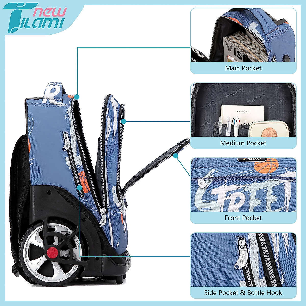 NEW TILAMI Rolling Backpack 19 inch Teens Rolling Backpack Cute Wheeled Computer Laptop Backpack Bookbag Roller Travel Bag College, Street Basketball