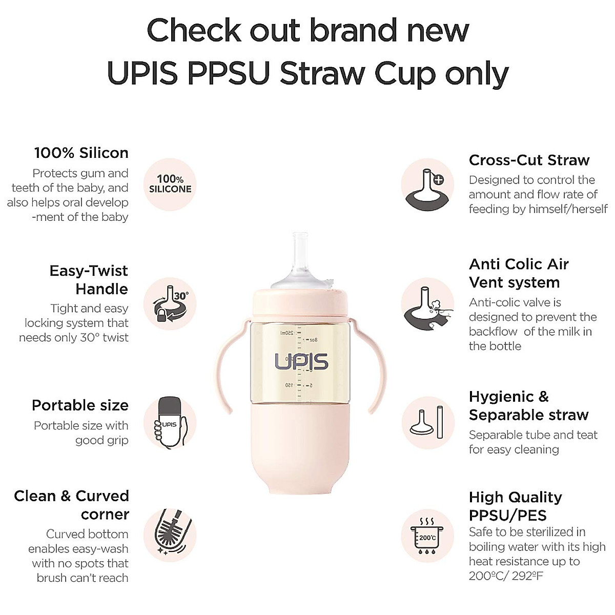 Medience UPIS Silicone PPSU Baby Sippy Cup with Straw, 8.8 oz./ 260ml (White) - Spill-Proof BPA-Free Drinking Bottle with Anti-Colic Air Vent and Handles - for Kids and Toddlers Six Months Onwards