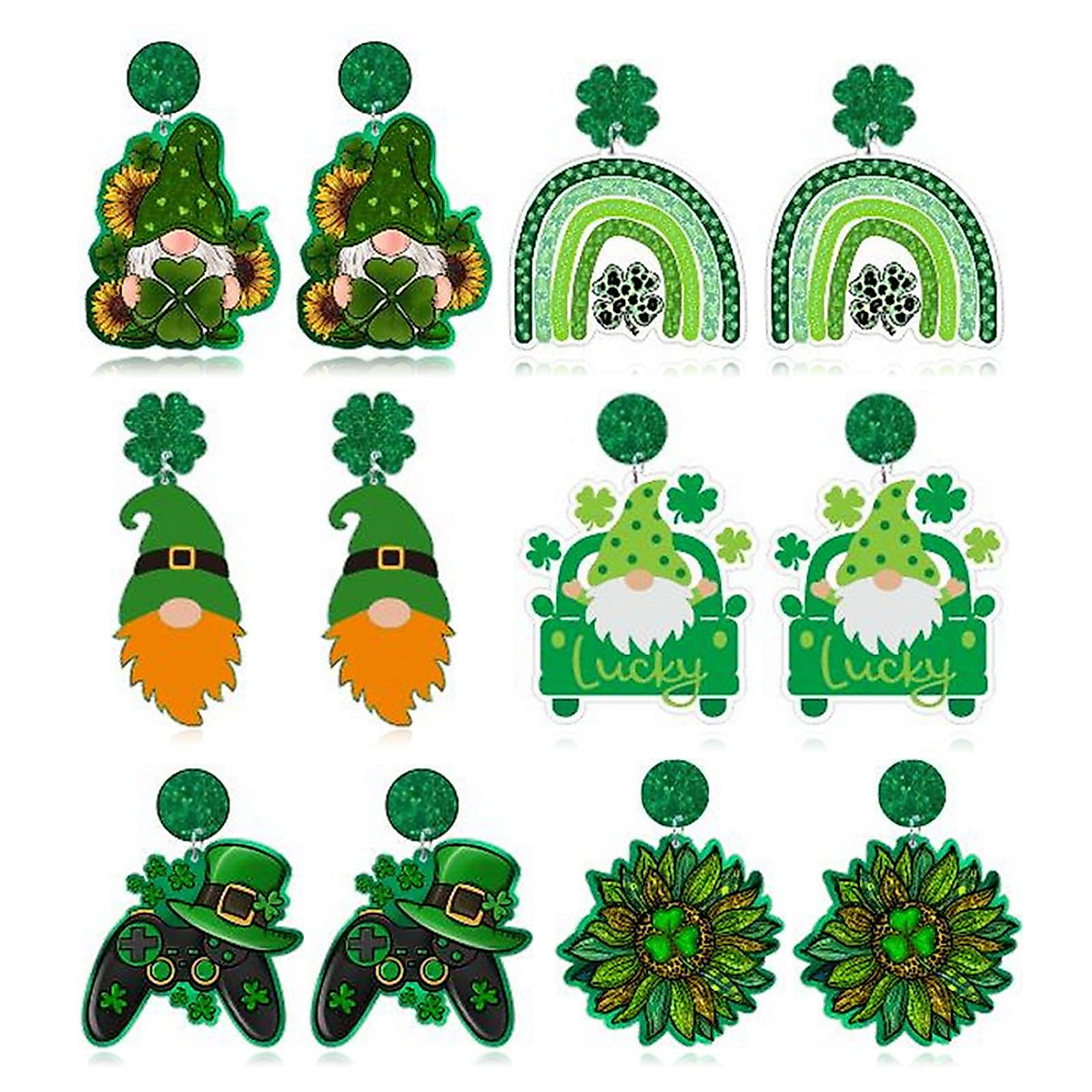 6 Pairs St Patricks Day Earrings for Womens Irish Shamrock Dangle Earrings Clover Drop Earrings Green Grass Rainbow Hat Game Handle Beard Dangle Earrings St Patricks Day Accessories（6pairs）