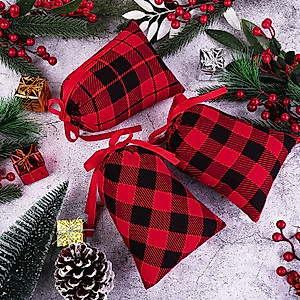 Aneco 24 Pack Mini Christmas Cotton Present Gift Bags Buffalo Plaid Drawstring Gift Bags Santa's Red and Black Plaid String Bags for Xmas Games Party Supplies, Candies Snacks, Mini Size 7.9 x 5.9 Inch