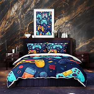 Gamer Duvet Cover for Boys - Gaming Comforter Cover Full Size - Cool Games Gamepad Bedding Set for Kids Teen Game Room Decor Player Gaming Joystick Duvet Cover Set for Bedroom Bed Decor, No Comforter