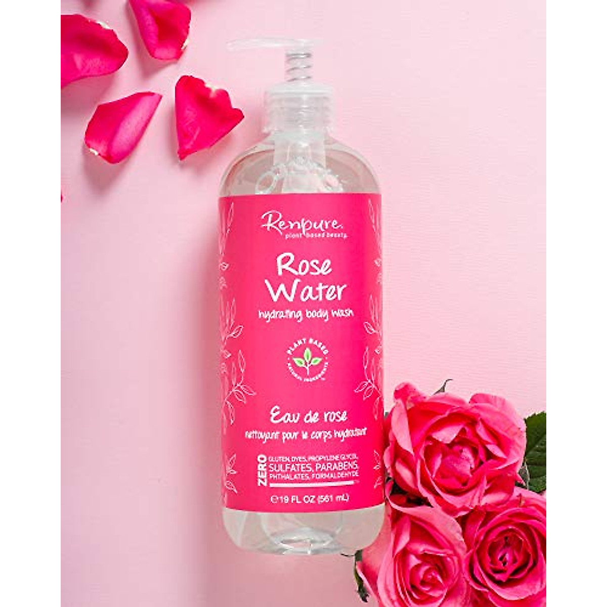 RENPURE Plant Based Organic Natural Rose Water Coconut Oil Body Wash, Sulfate Free Moisturizing Shower Gel Sensitive Skin with Pump for Women, Rose Water, 19 Fl Oz