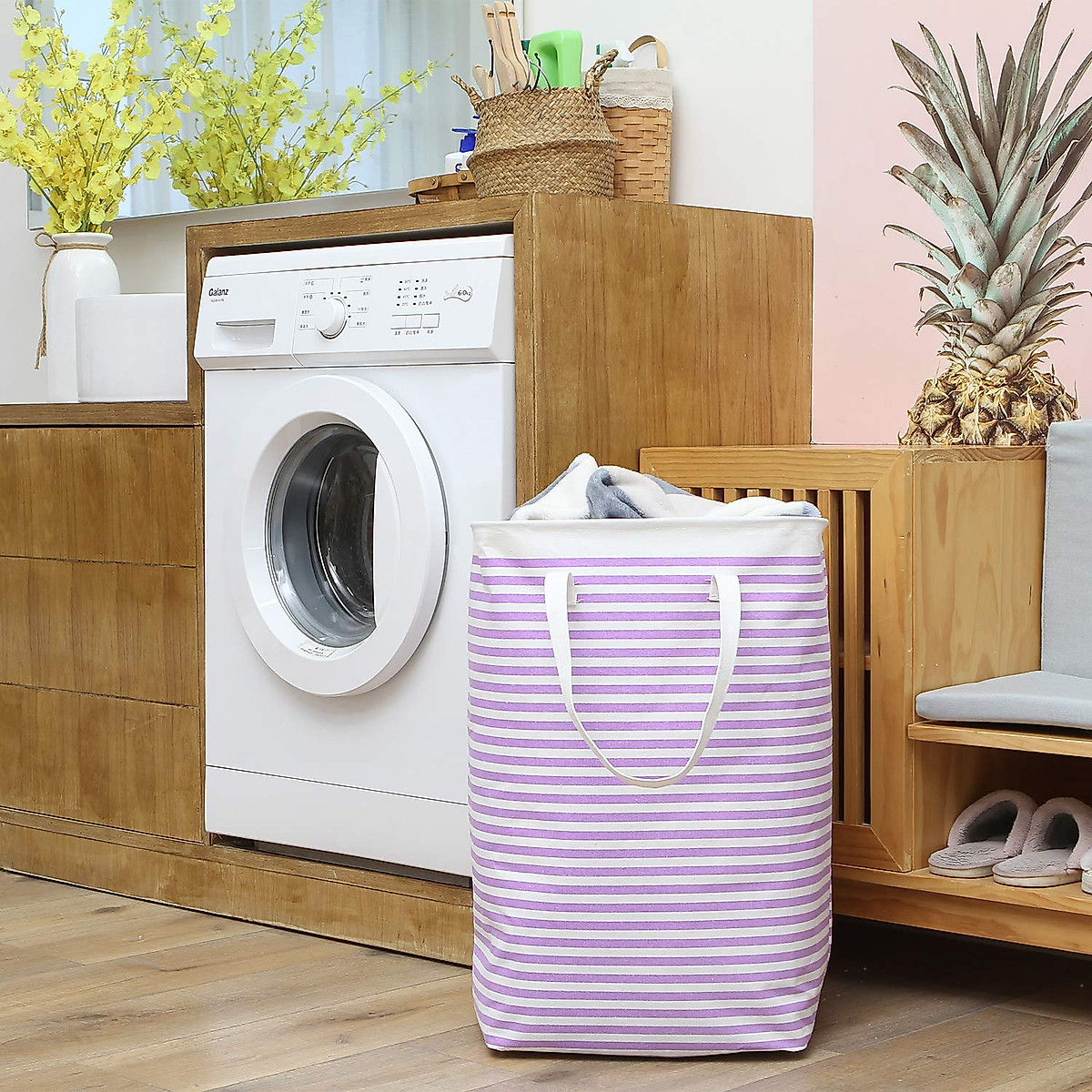 Sea Team 23.6" Large Size Canvas Fabric Laundry Hamper Collapsible Rectangular Storage Basket with Waterproof Coating Inner and Handles, Purple & White Stripe