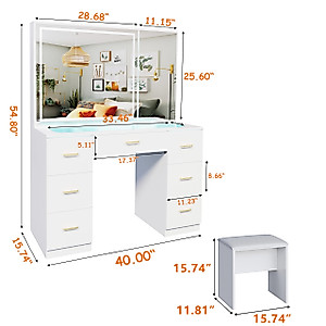 Wildhome Vanity Desk with with Mirror and Lights,Makeup Vanity with Glass Top and 7 Drawers&Cushioned Stool,Dressing Table with Drawers, Bedroom Vanity Desk for Women (White-Glass top)