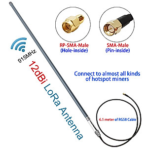 LoRa Antenna 12dBi for RAK HNT Bobcat Helium Hotspot Miner + 20ft N-Female to SMA-Male Extension Cable