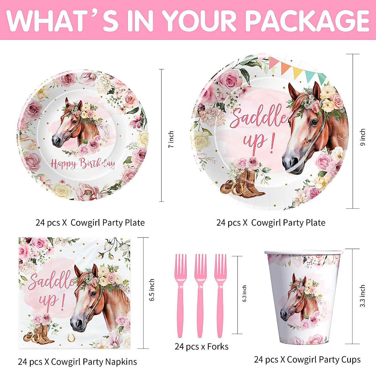 HIPVVILD Cowgirl Horse Party Decorations Tableware - Saddle Up Western Birthday Party Supplies, Paper Plate, Cup, Napkin, Fork, Wild West Cowgirl Birthday Baby Shower Decorations Dinnerware | Serve 24