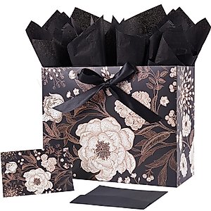 Jaywayang Large Black and Gold Vintage Floral Gift Bag with Card Ribbon and Tissue Paper for Wedding, Bridal Shower, Women Birthday, Mother's day, Anniversary- 12.6" x 10" x 5.1"