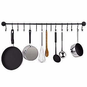 Greenco Pot and Pan Wall Mounted Rail Hanger Racks| Cookware Set and Storage Organization| 15-Hook Hanging Rack | Black Pots and Pans Organizer | Great For Kitchen Shelf