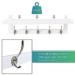 SMIBUY Coat Hooks with Shelf Wall-Mounted, 29.2 Inch Entryway Coat Rack for Wall, Bamboo Hanging Shelf with 5 Double Metal Hooks for Bathroom, Bedroom, Kitchen, Living Room, Mudroom (White)